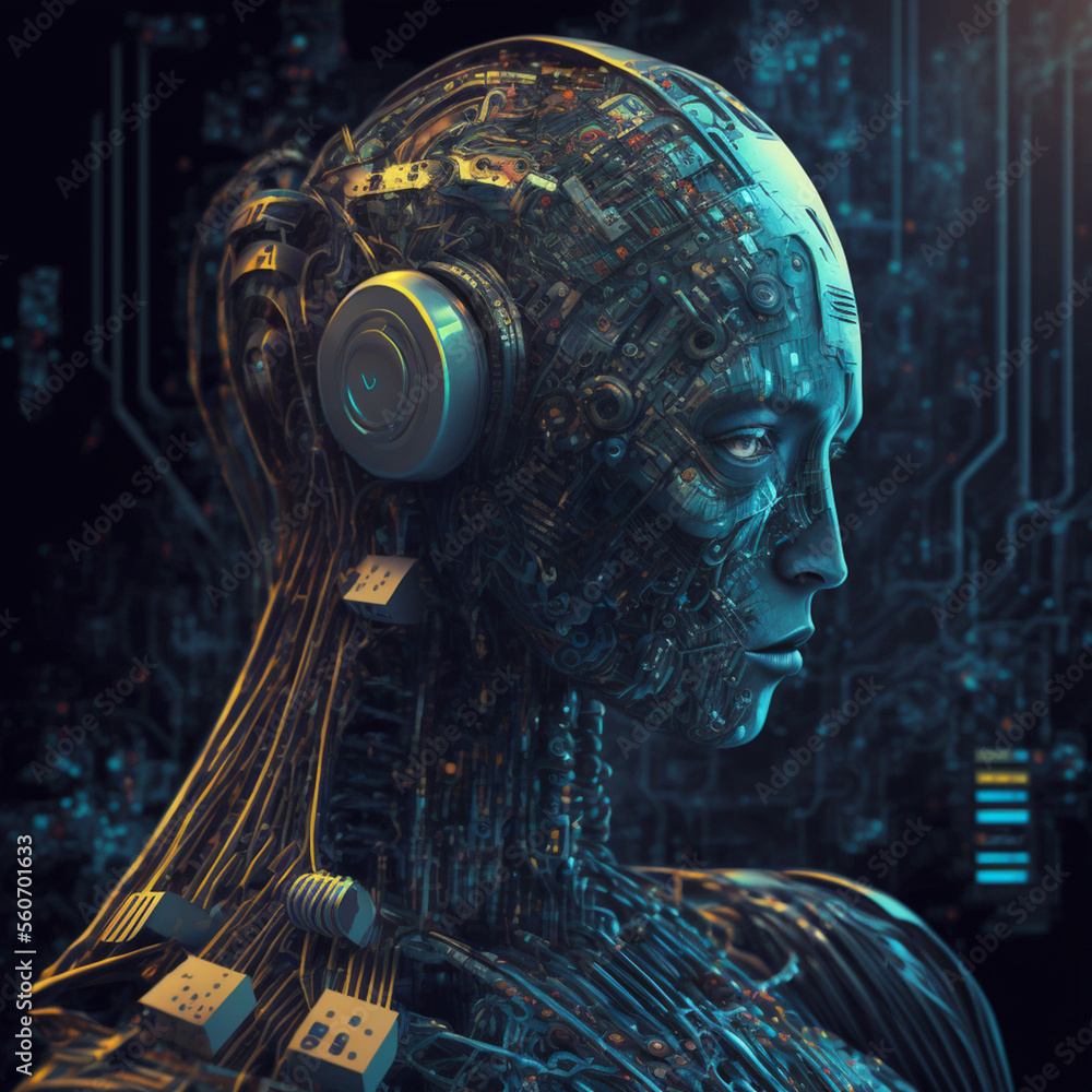 Cyborg robot with AI knelt down on a futuristic platform in cyberspace ...