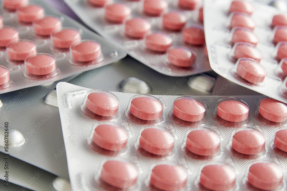 Pharmaceutical pills packages close up template texture. Heap of ...