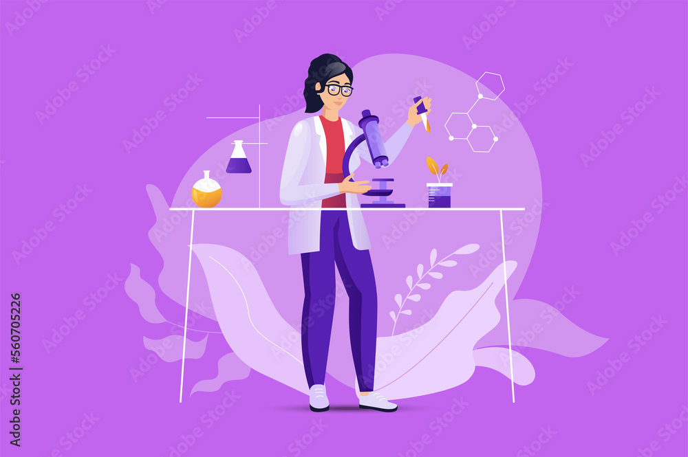 Science laboratory concept with people scene. Woman scientist doing ...