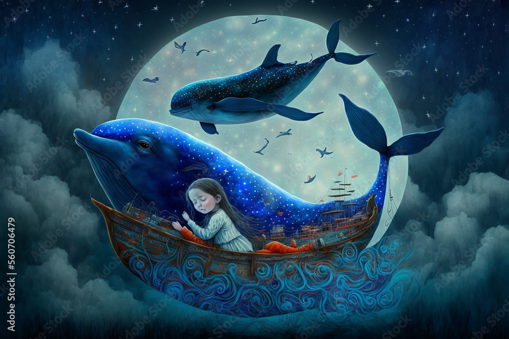 Generative Ai, child dreaming of a whale. Stock Illustration | Adobe Stock