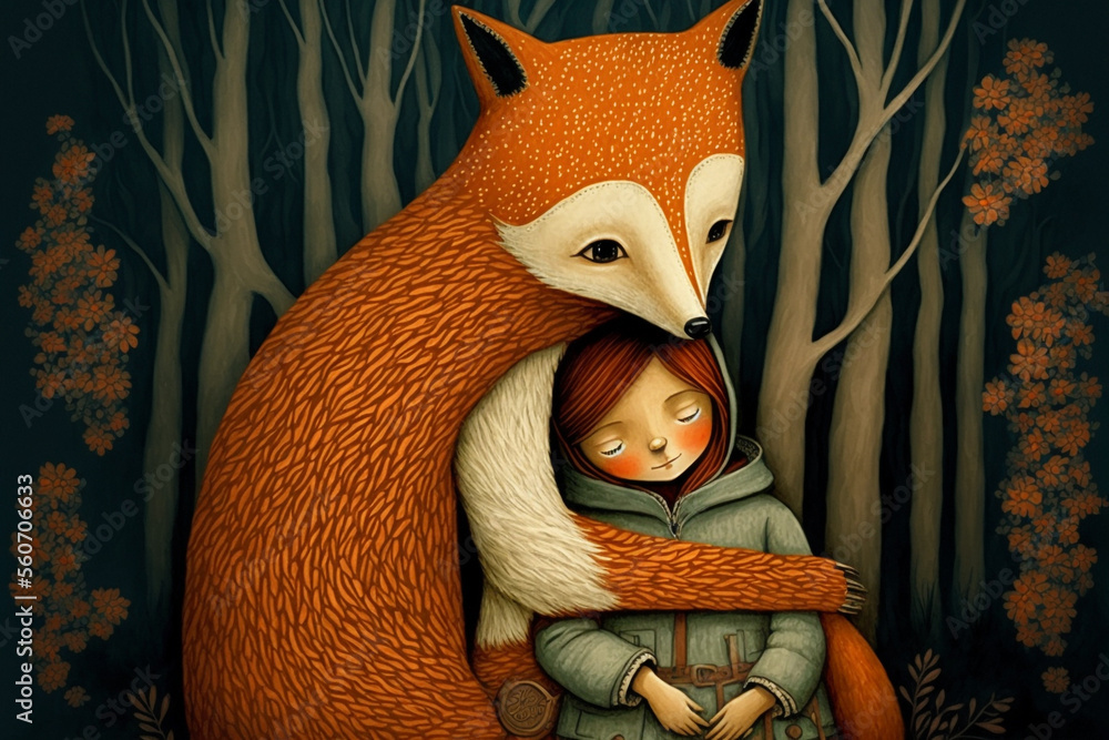 Drawing of a little girl hugging a fox in a forest. Generative Ai ...