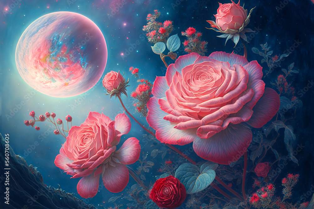 Roses, buds, leaves, and vines under the starry sky in the universe ...