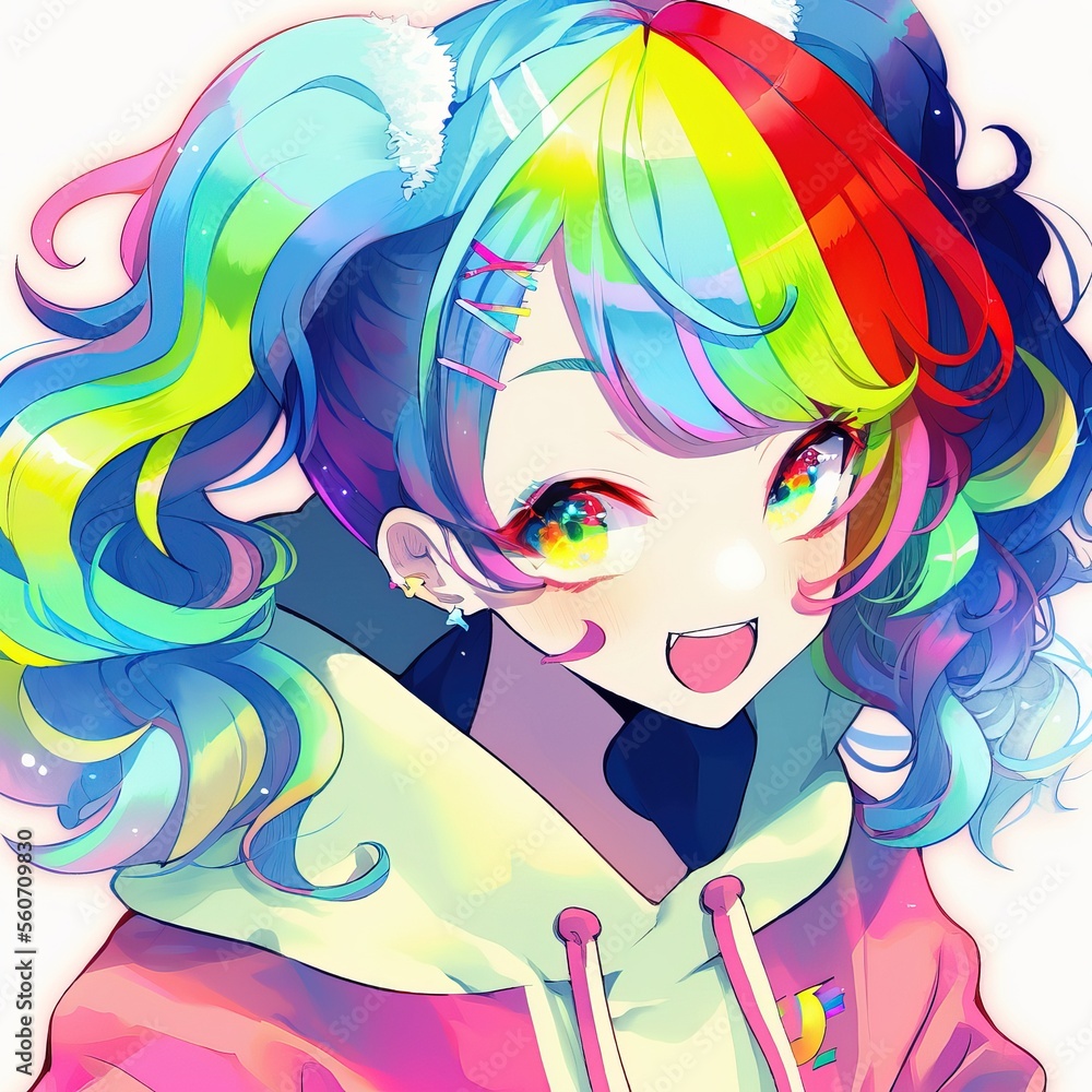 Girl with rainbow hair. Anime concept art. Generative AI Stock ...