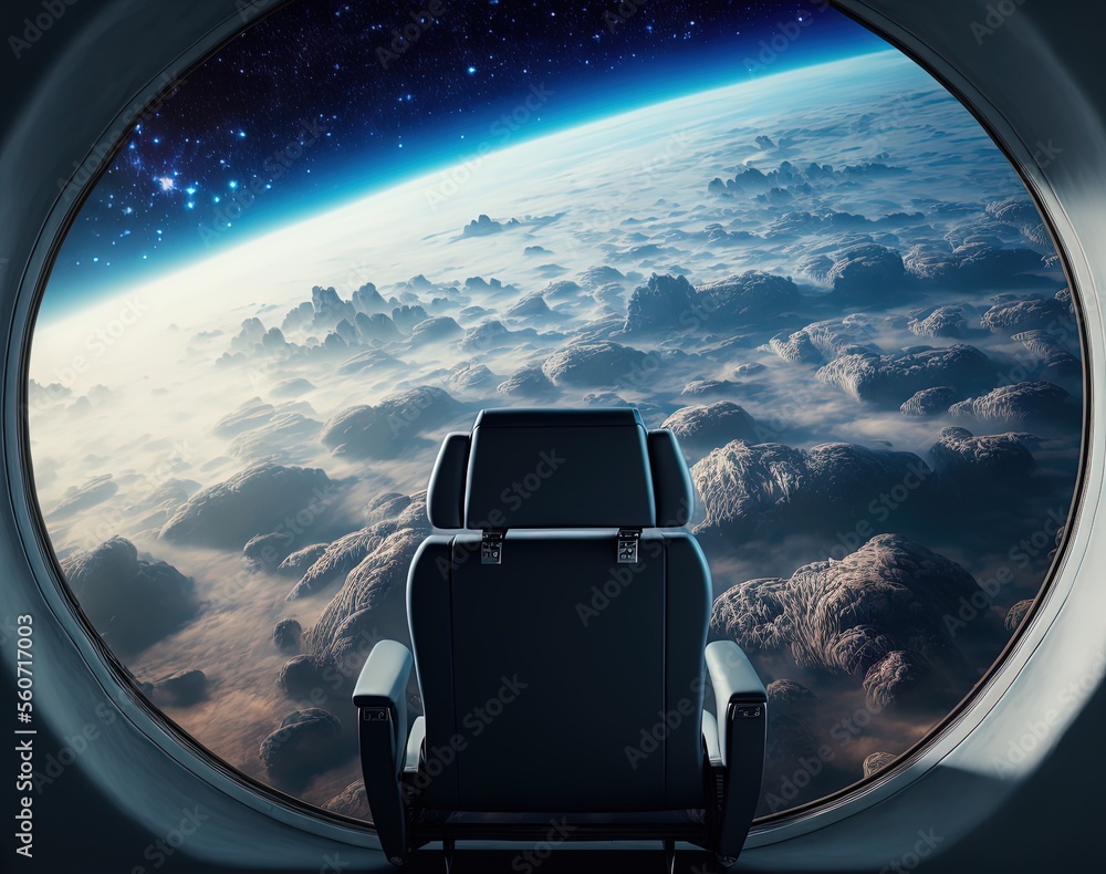 illustration of spacecraft control room center, big window show ...