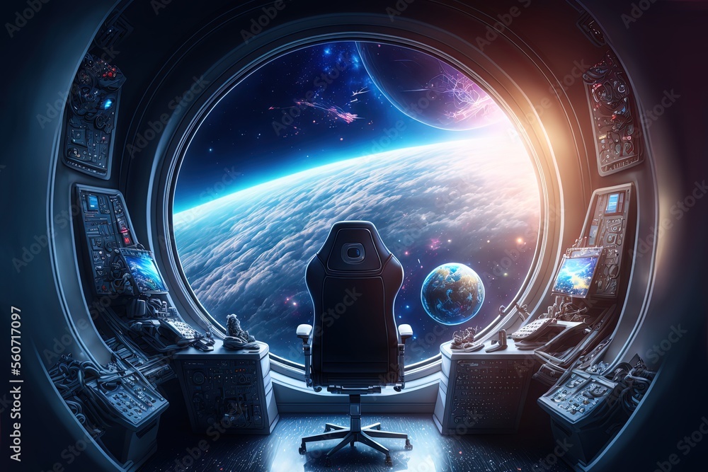 illustration of spacecraft control room center, big window show ...