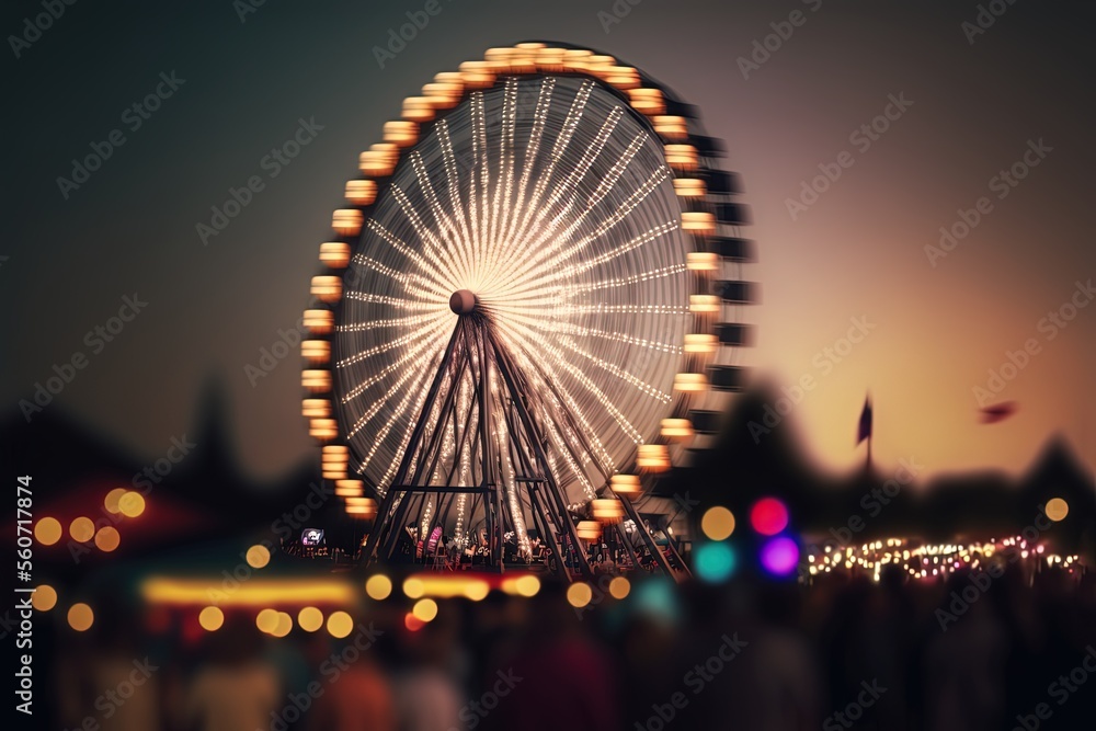 blur defocused illustration of amusement park at evening, big Ferris ...
