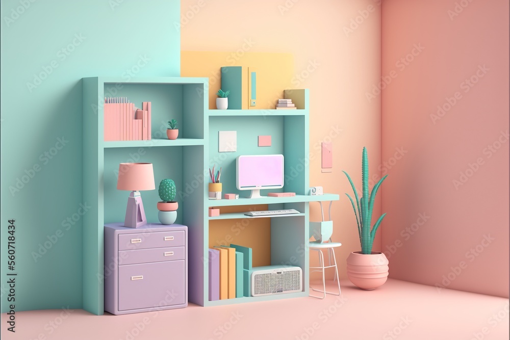 Pastel office cubicle or home office, labour day banner, cute workspace ...
