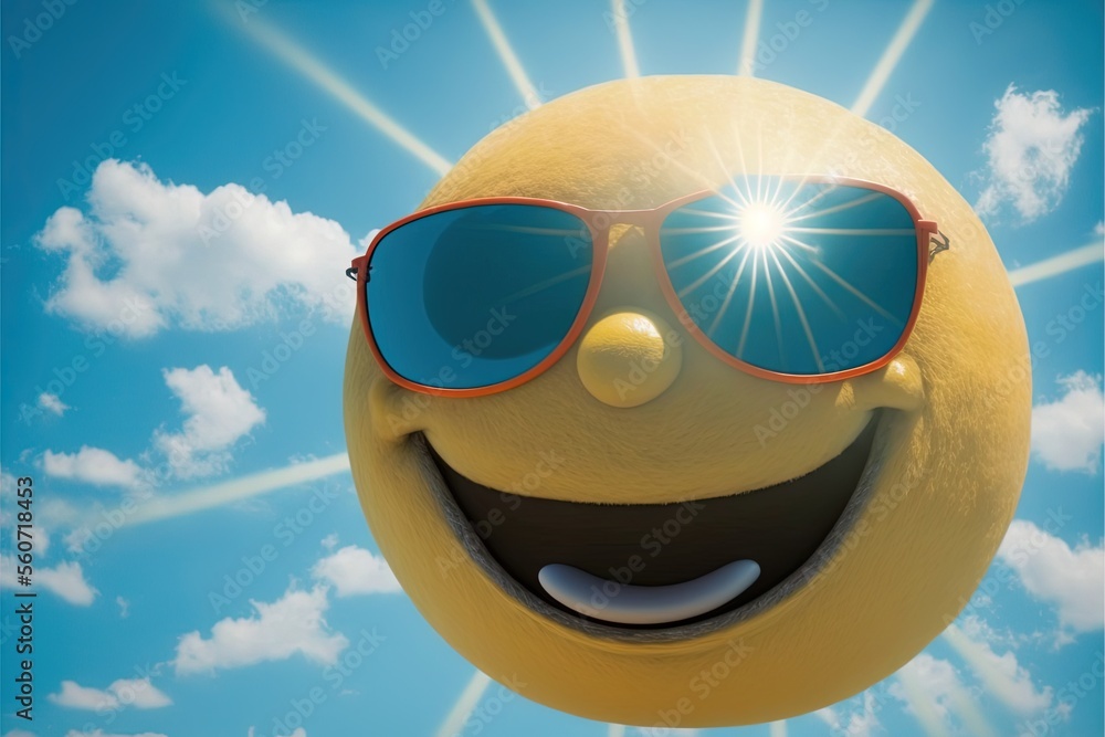 a smiley face wearing sunglasses and smiling for the camera with a blue ...