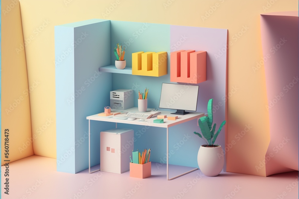Pastel office cubicle or home office, cute workspace in pastel colors ...