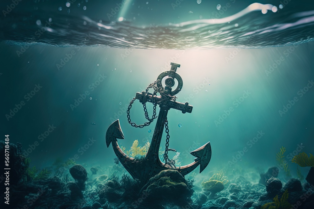 illustration of big iron anchor that abandoned at ocean floor with sung ...