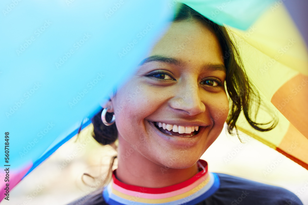 Rainbow, flag and portrait with an indian woman in celebration of lgbt ...