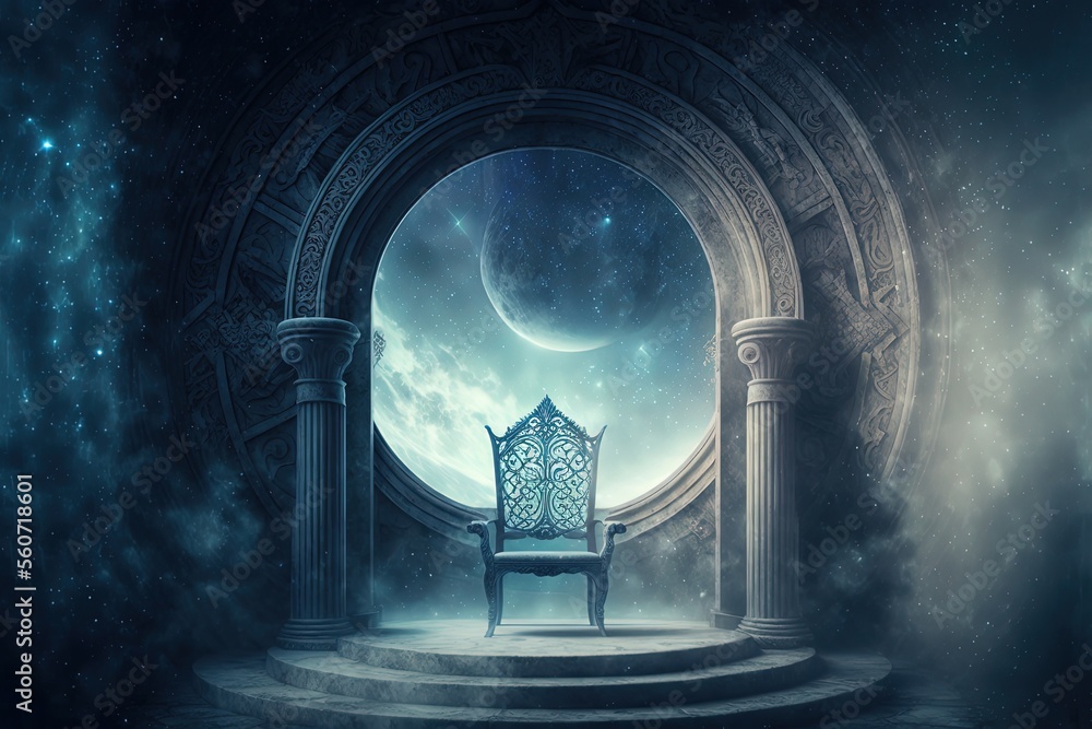 illustration of ancient throne seat at stone sanctuary with celestial ...