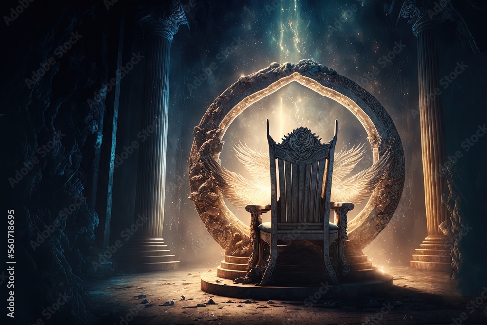 illustration of ancient throne seat at stone sanctuary with celestial ...