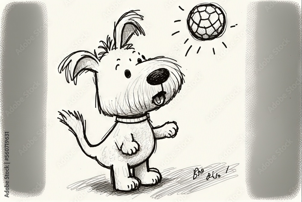 a drawing of a dog playing with a ball in the air with his mouth open ...