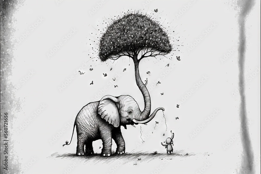 a drawing of an elephant and a little boy under a tree with butterflies ...