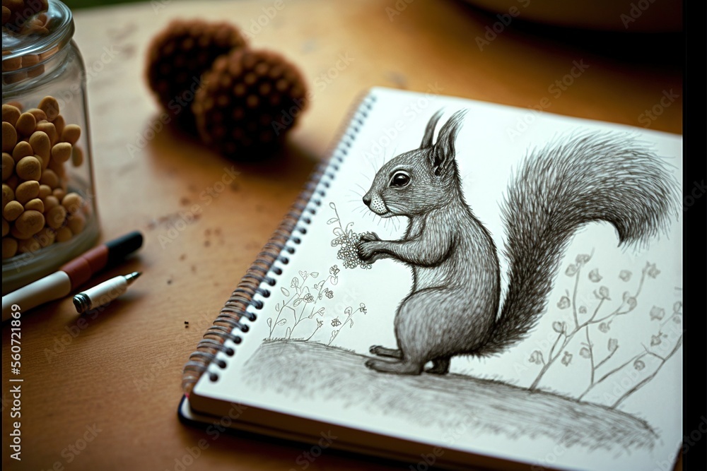 a drawing of a squirrel on a notebook next to a jar of nuts and a ...