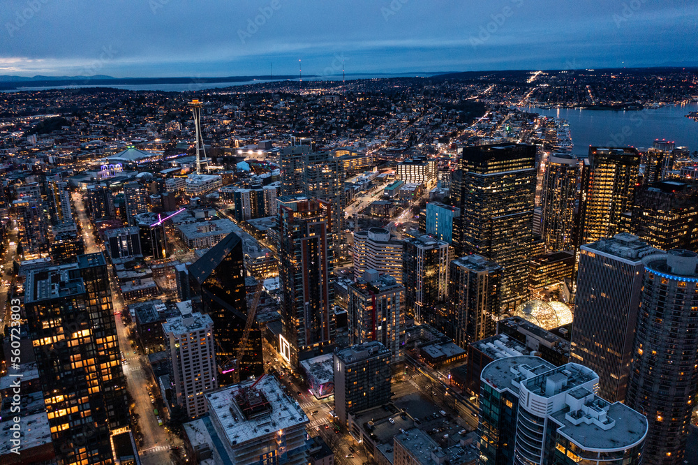 Seattle, Washington, USA - Jan. 2023, night aerial view of illuminated ...