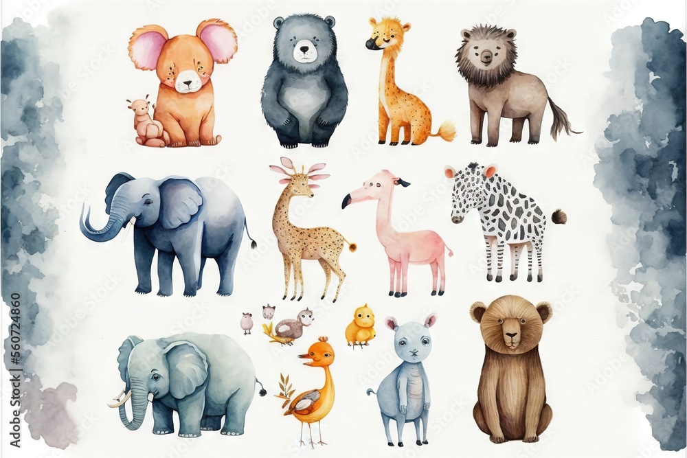 a watercolor drawing of different types of animals on a white ...