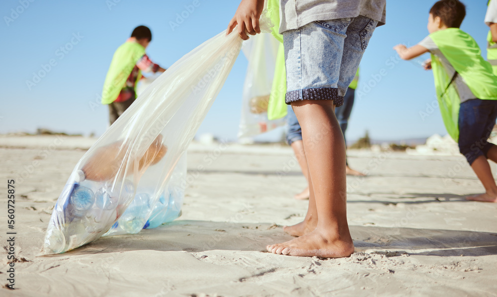 Foto de Children, legs or plastic bottles in beach clean up, climate ...