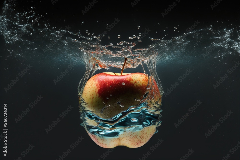 an apple is floating in the water with a splash of water on it's side ...