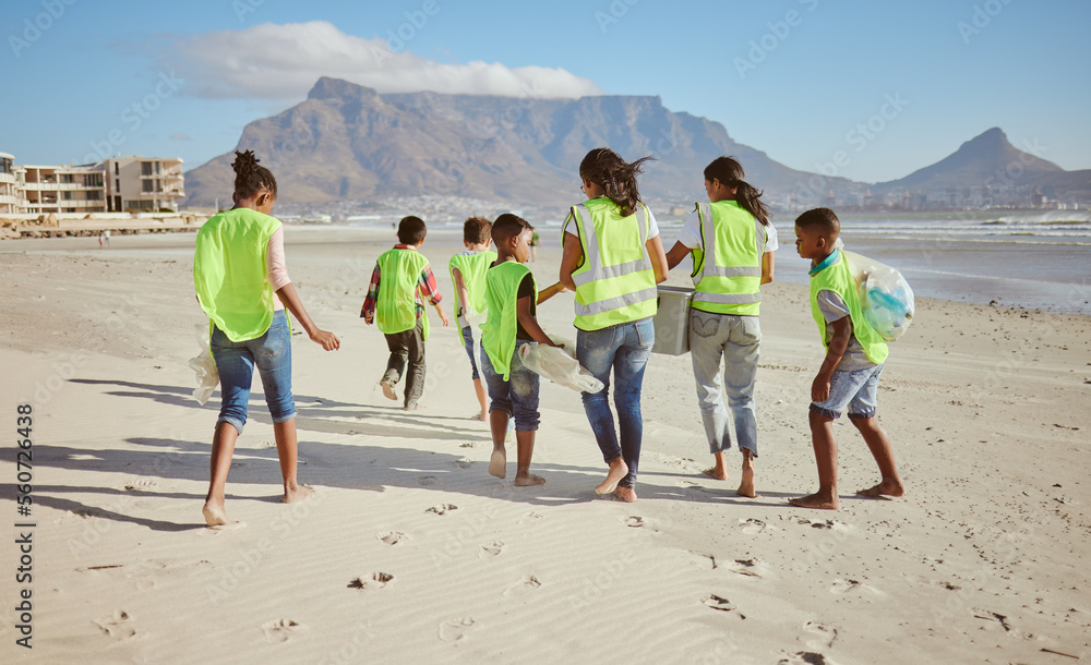 Woman, children and beach clean up in school accountability learning ...
