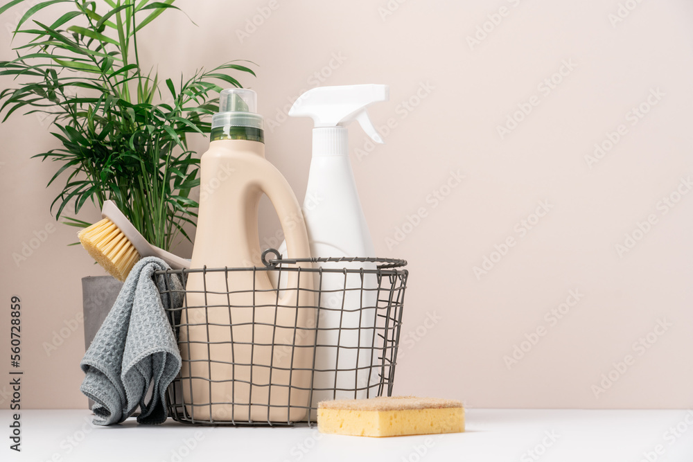 Set of eco-friendly cleaning tools on beige background with green plant ...
