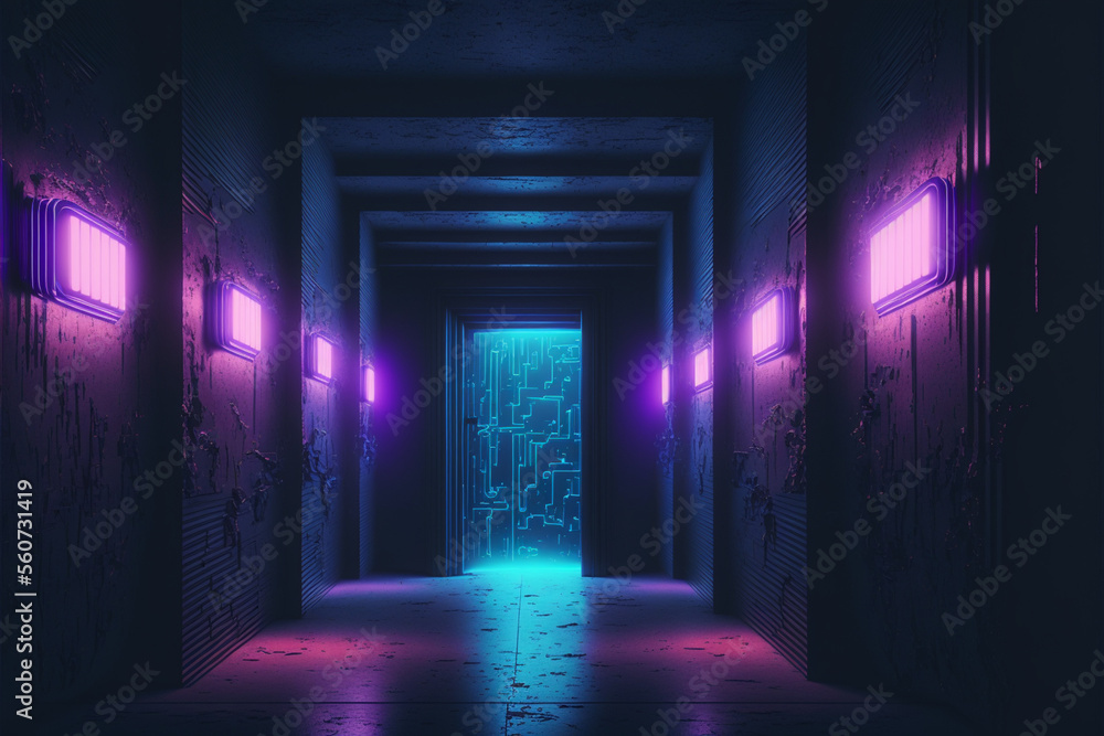 Sci-Fi Alien Cyber Dark Hallway Room Corridor Neon Purple Blue Lights ...
