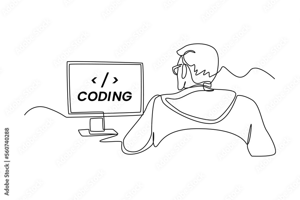 Single One Line Drawing Programmers Or Developers Make Programming Language Code In Front Of The
