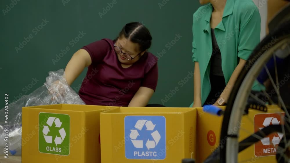 Asian girl with autism is learning to separate plastic, aluminum waste ...