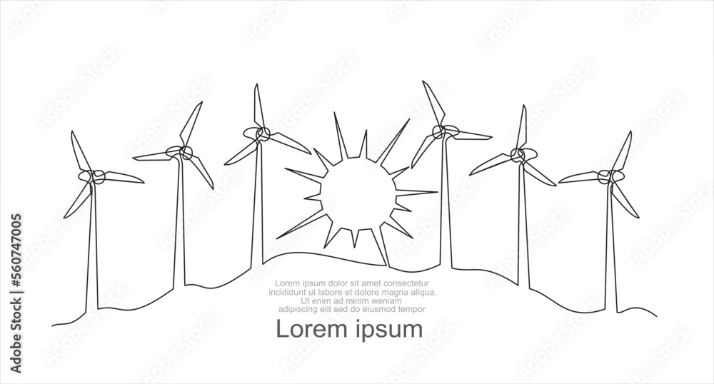 Wind energy in continuous line art drawing style. Wind turbines ...