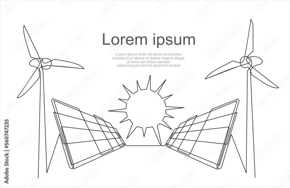 Vetor de One continuous line drawing of Wind turbines and Solar Panels ...