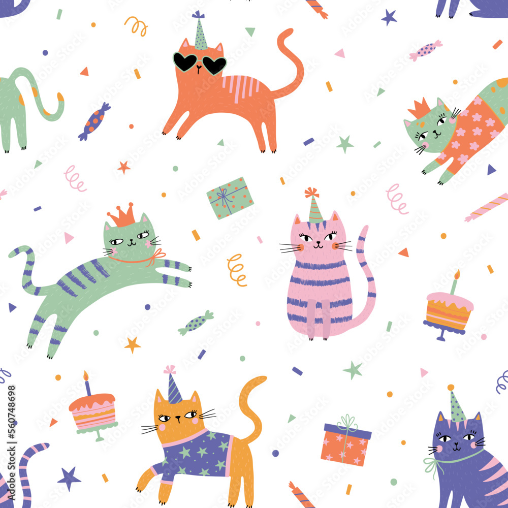 Birthday party background with cute cats. Seamless funny pattern with ...