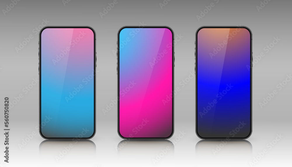 A set of three smartphones with color gradient screens on a gray ...