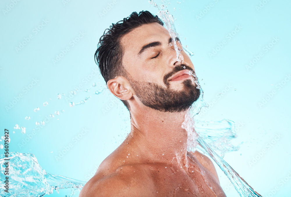 Water, splash and skincare with face of man for shower, self care and ...