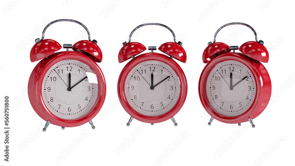 3d illustration of green antique clock in different positions, retro ...