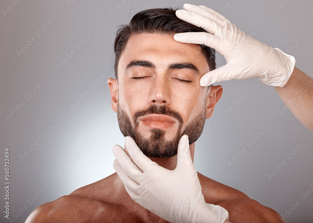 Plastic surgery, cosmetics and man with doctor hands in studio mockup ...