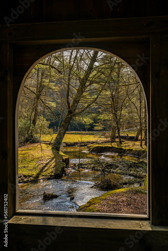 window of covered bridge looking out wall mural wallpaper ...
