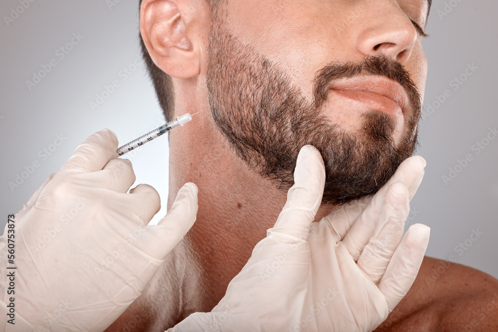 Botox, beauty and injection of man and plastic surgery hands in studio ...