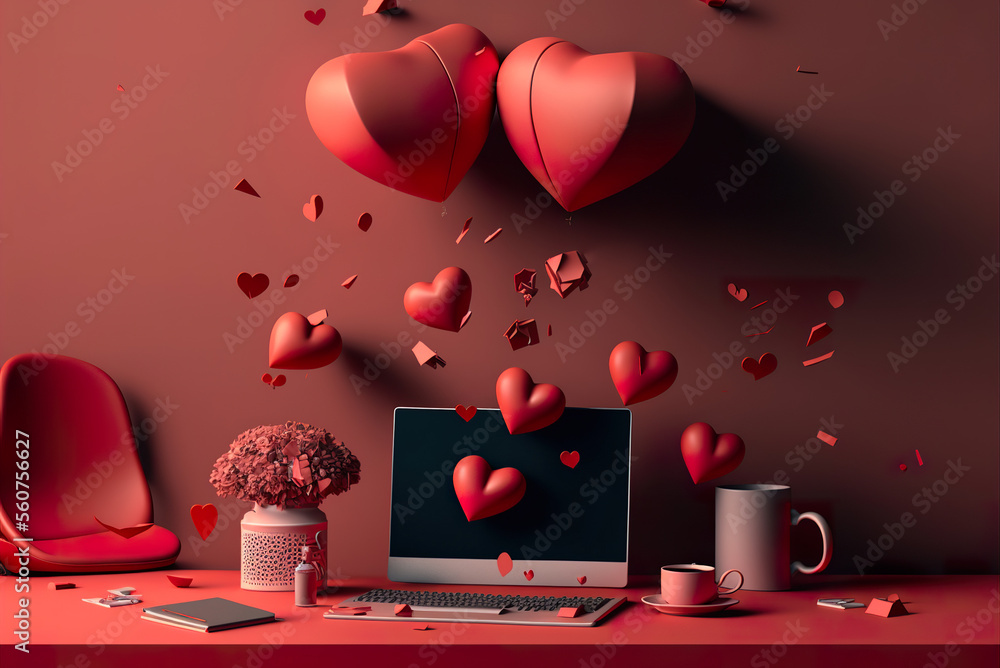 Valentines day decorated office desk with a lot of hearts created with ...