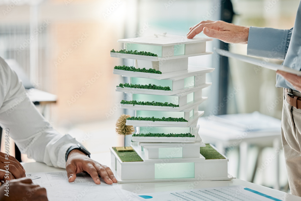 Building model, diversity and hands of architect working on real estate ...
