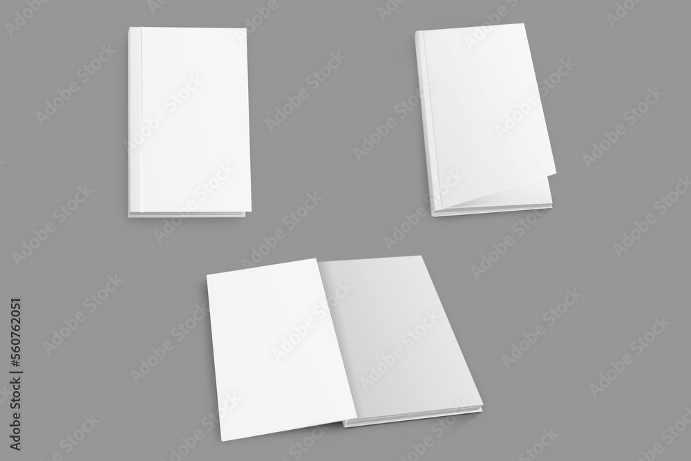 Empty blank white hard cover book mockup open, half open and open ...