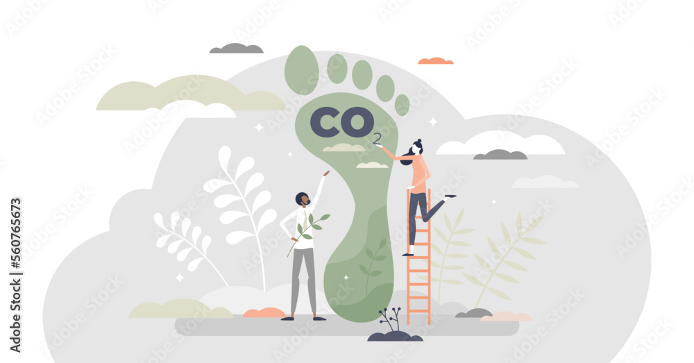 Carbon footprint as CO2 emission pollution amount in air tiny person ...