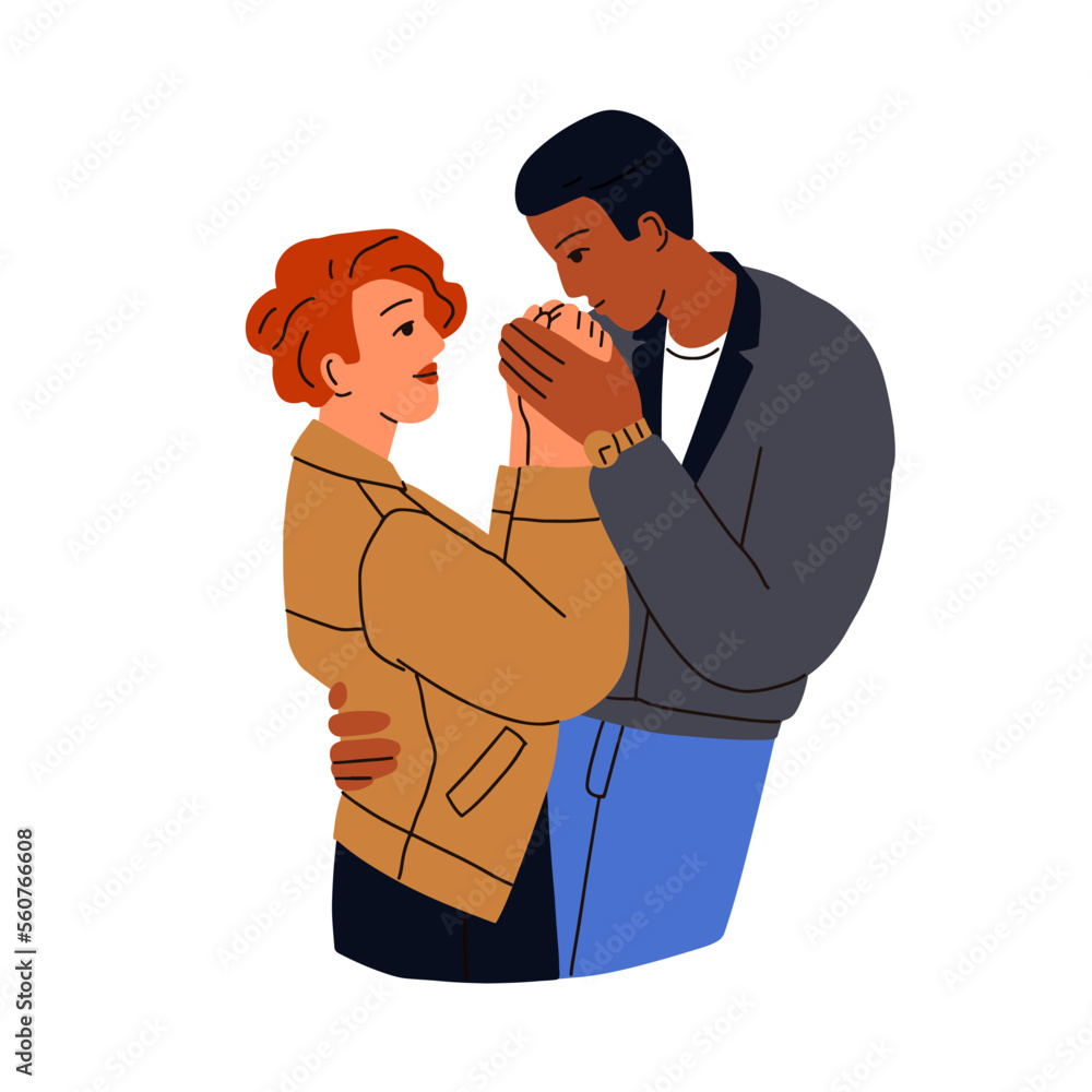 Romantic man and woman in love. Enamored biracial happy couple of ...