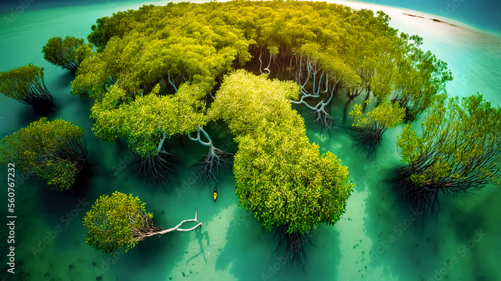 Aerial view of mangrove forest and sea. Mangrove jungles, trees, sea ...