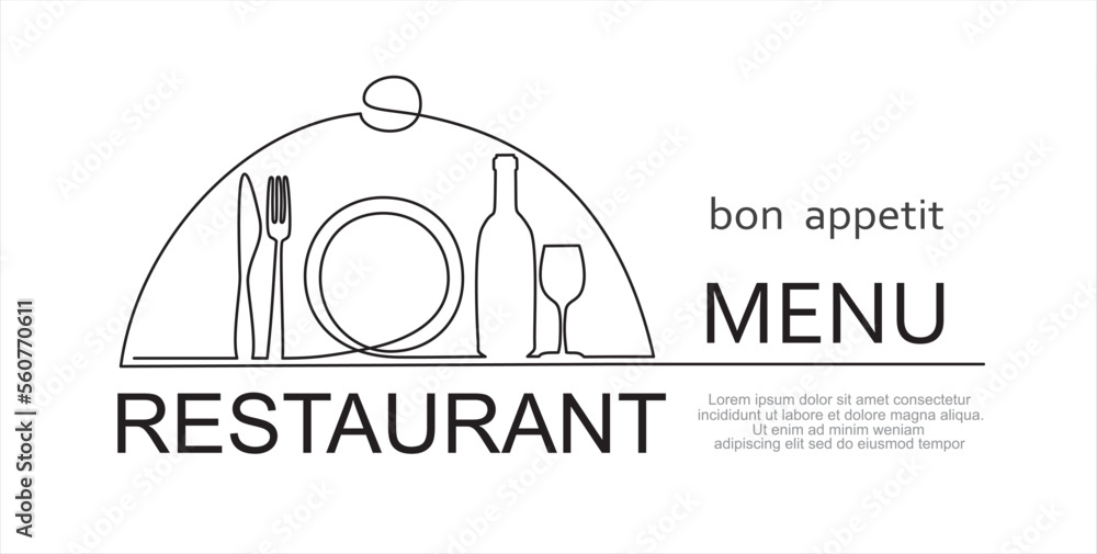 Continuous one single line drawing of plate, fork, knife, bottle of ...