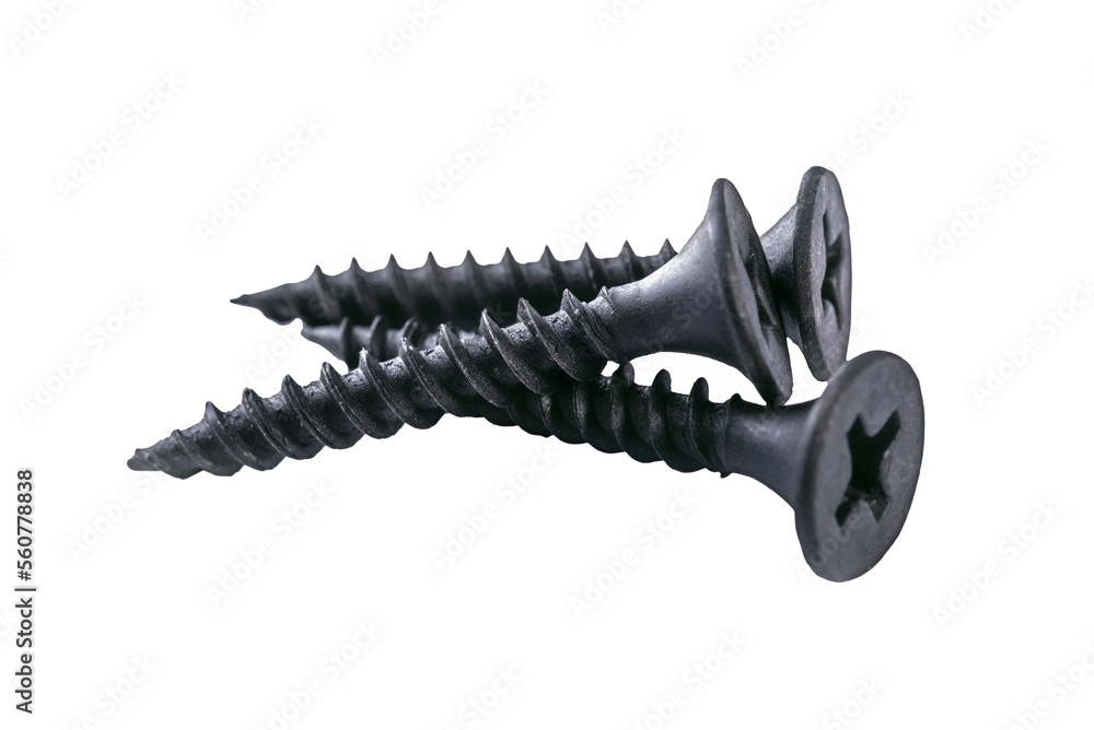 Group of new metal black screws isolated on a transparent background in ...