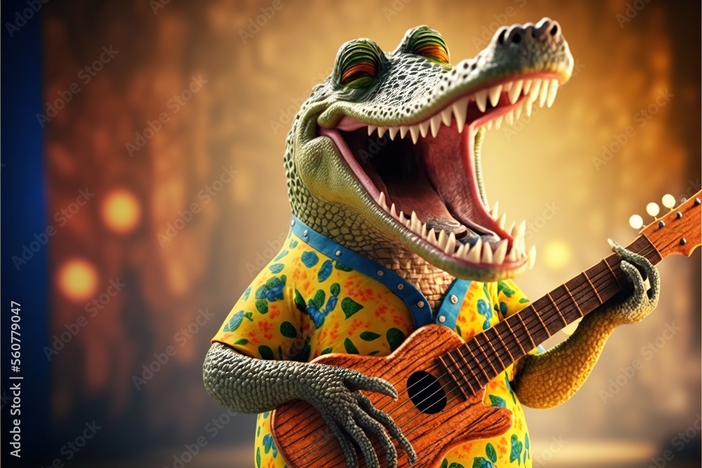 a toy alligator playing a guitar with its mouth open and teeth wide ...