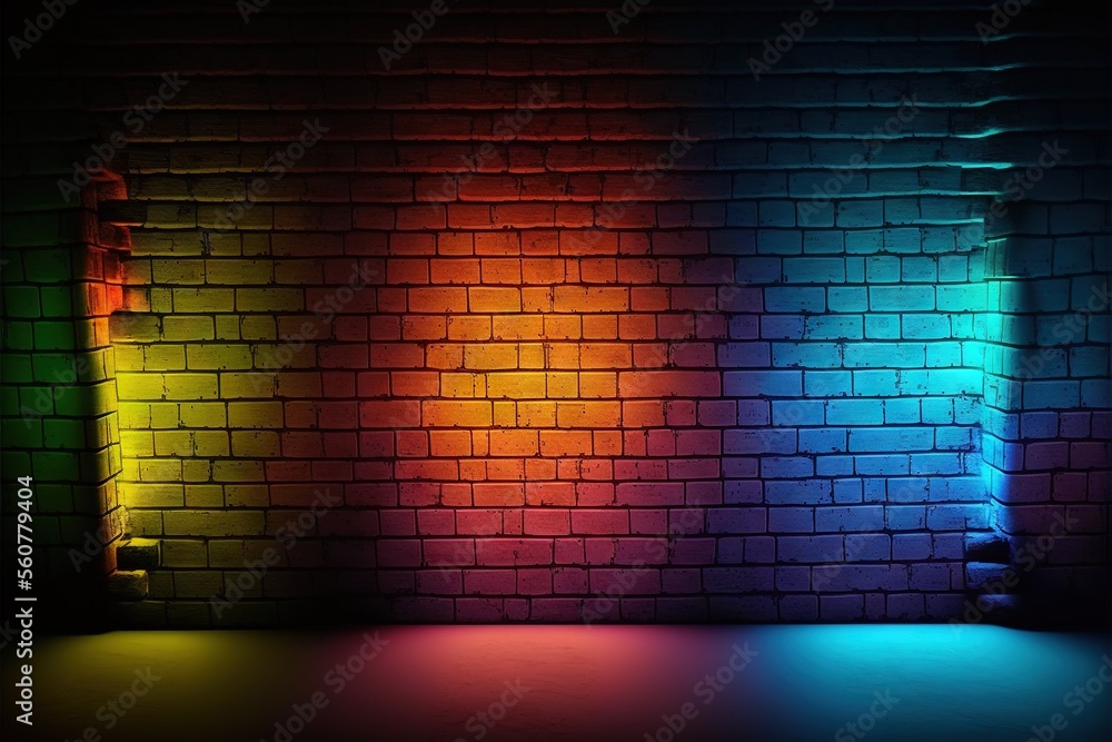 a brick wall with a rainbow colored light on it and a brick wall behind ...