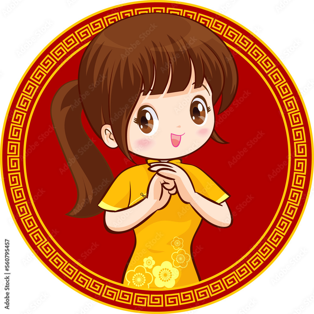 Beautiful chinese woman in traditional gown with signboard presents ...