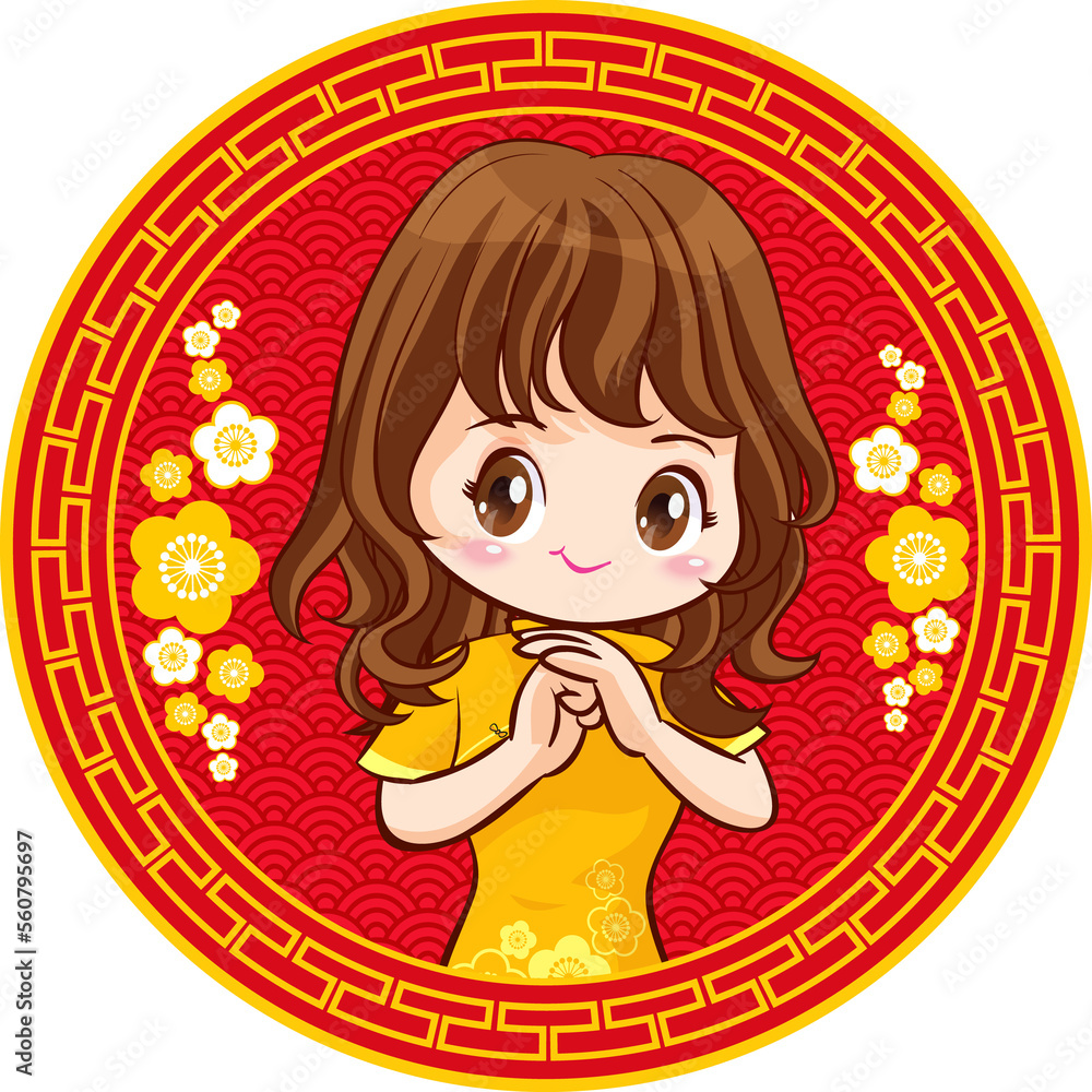 Beautiful chinese woman in traditional gown with signboard presents ...